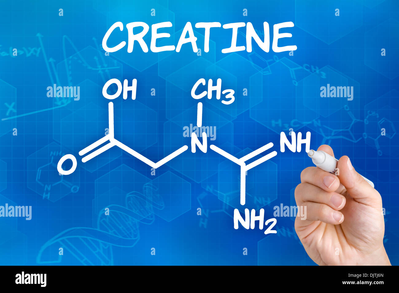 Hand with pen drawing the chemical formula of creatine Stock Photo - Alamy