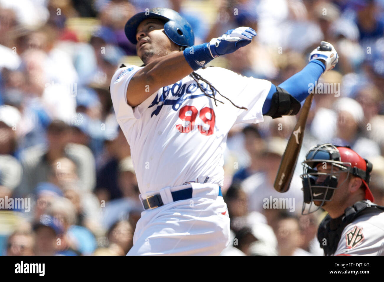 Los Angeles Dodger left fielder Manny Ramirez takes a big swing during ...