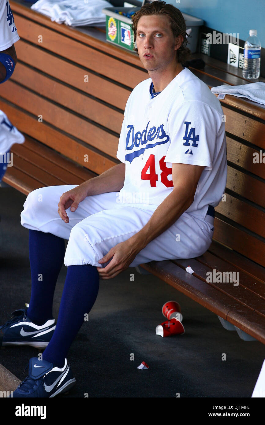 22 May 2010: Los Angeles Dodger starting pitcher John Ely in the dugout ...