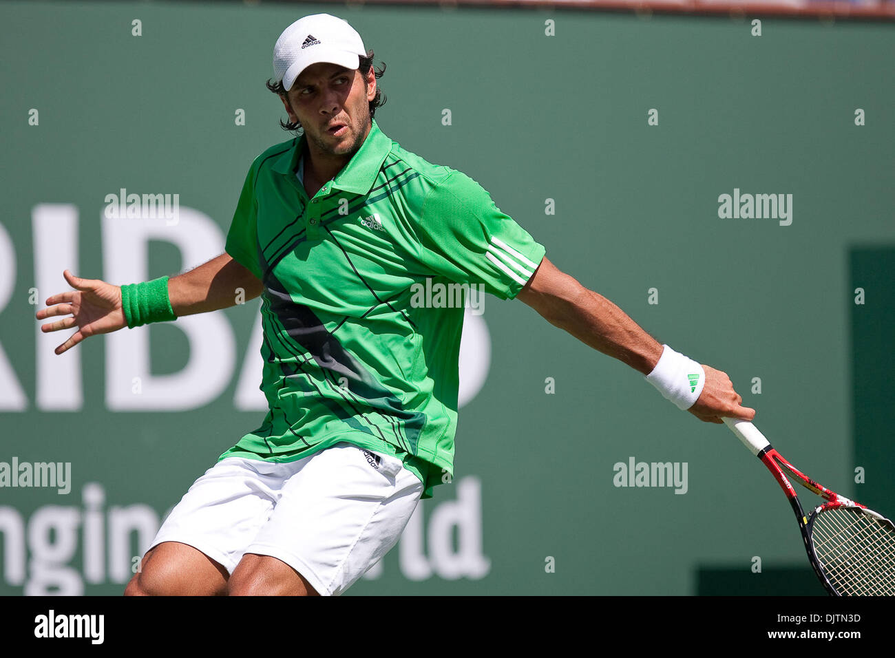 Fernando Verdasco (ESP) in green at the 2010 BNP Paribas Open held at ...