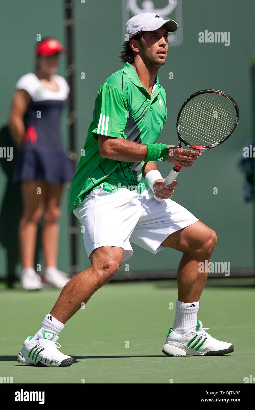 Fernando Verdasco (ESP) in green at the 2010 BNP Paribas Open held at ...