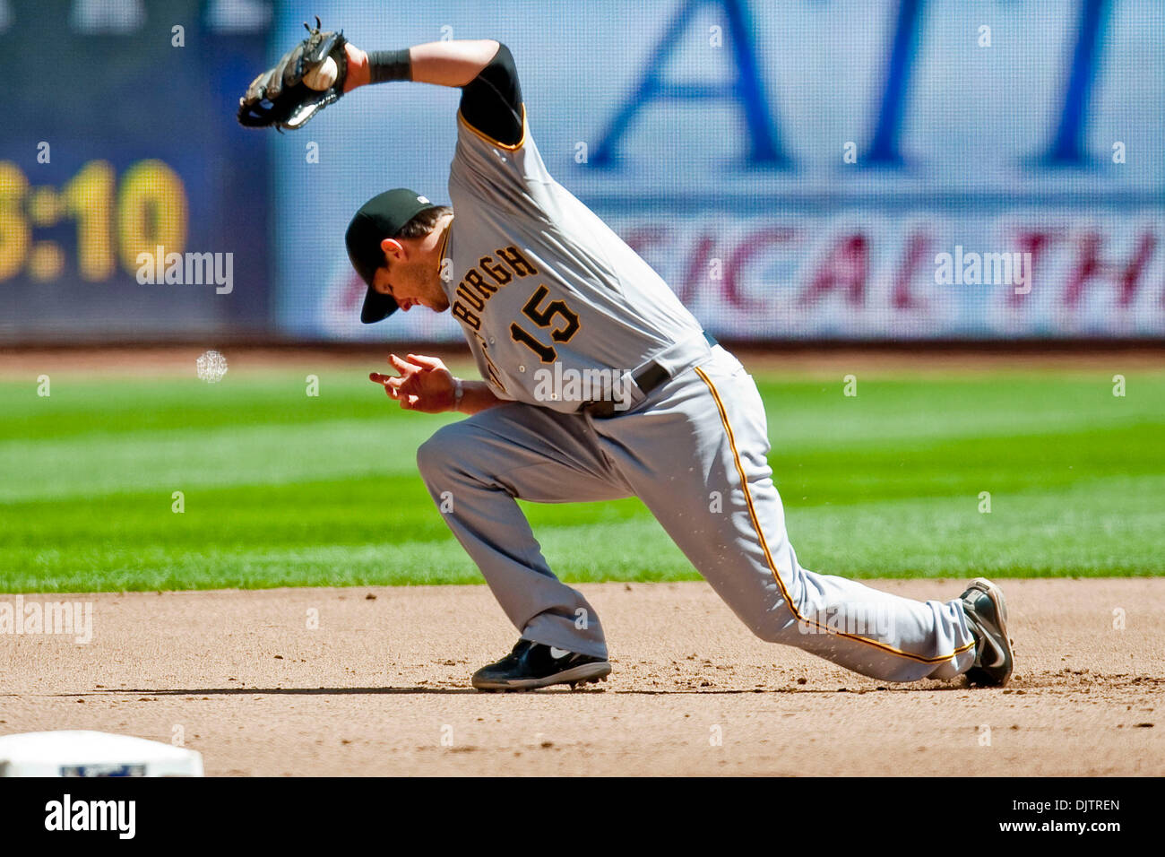 Pittsburgh Pirates third baseman Andy LaRoche #15 fields this hard hit ...