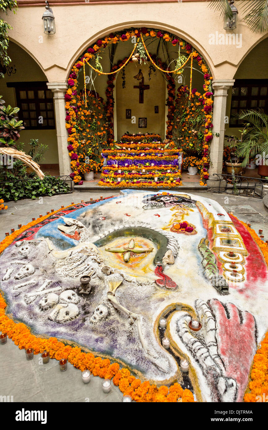 An altar or ofrendas set up to celebrate the Day of the Dead festival ...
