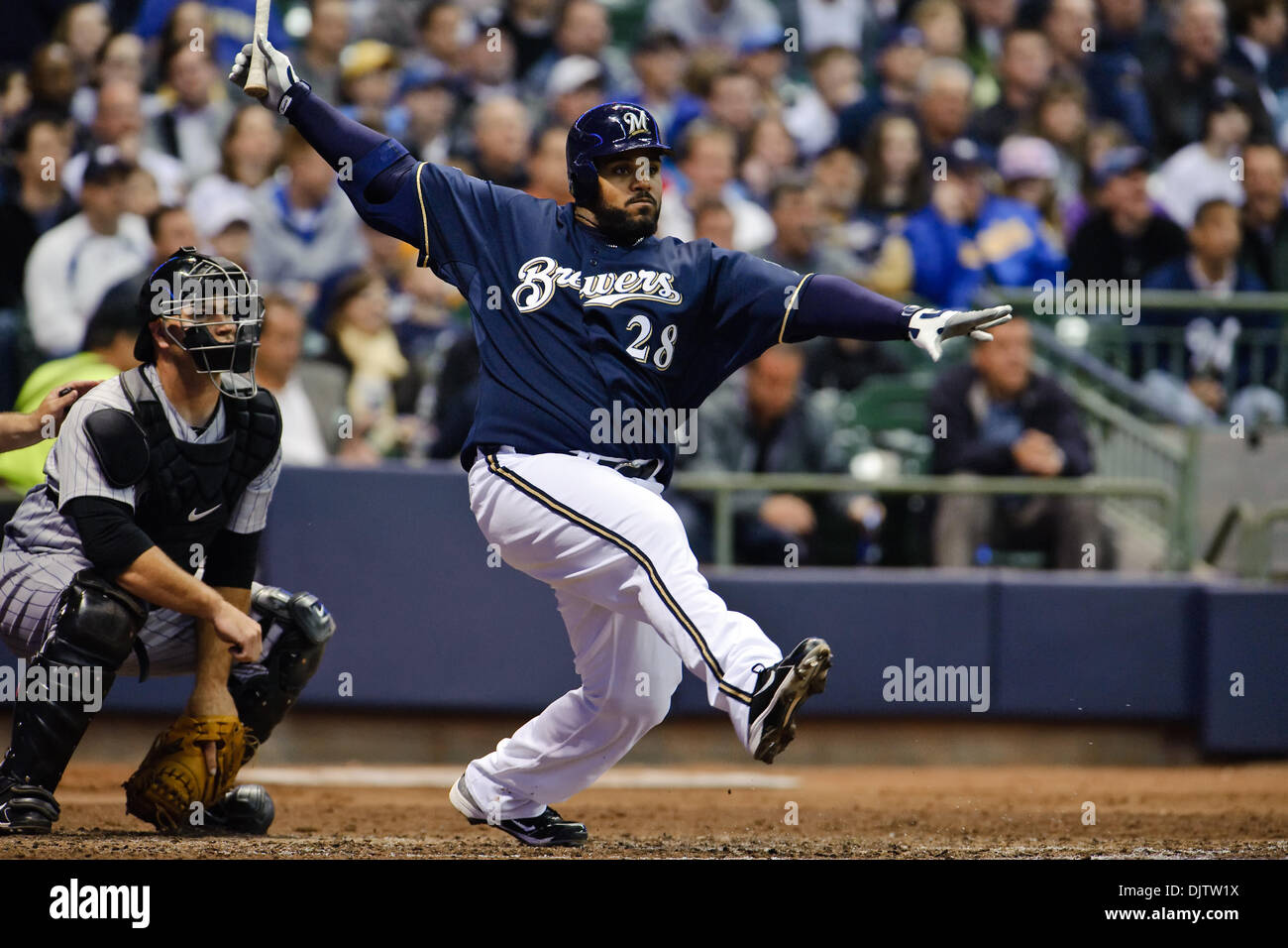 Milwaukee Brewers first baseman Prince Fielder (28) hits a double down ...