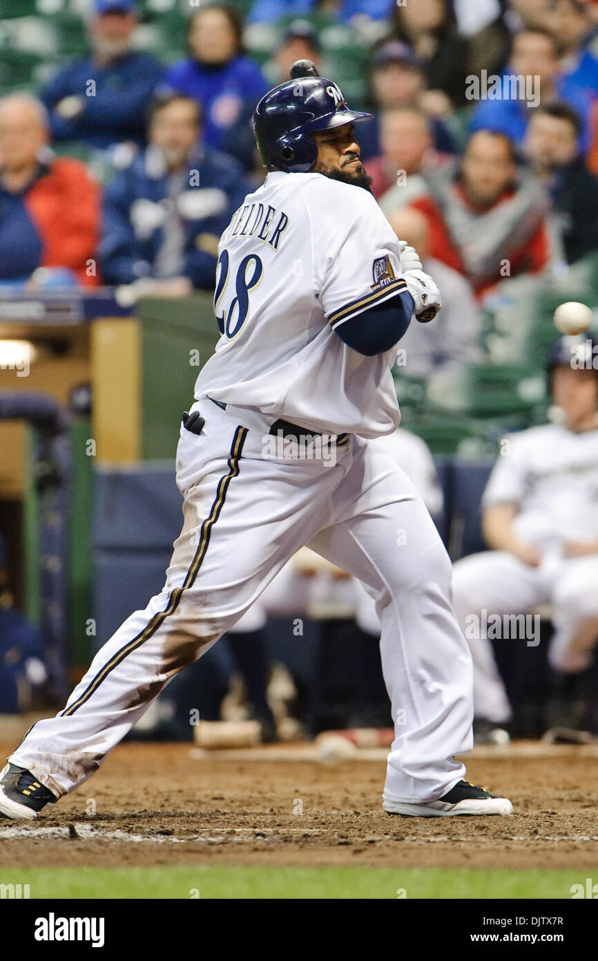 Milwaukee Brewers first baseman Prince Fielder (28) is hit by a pitch ...