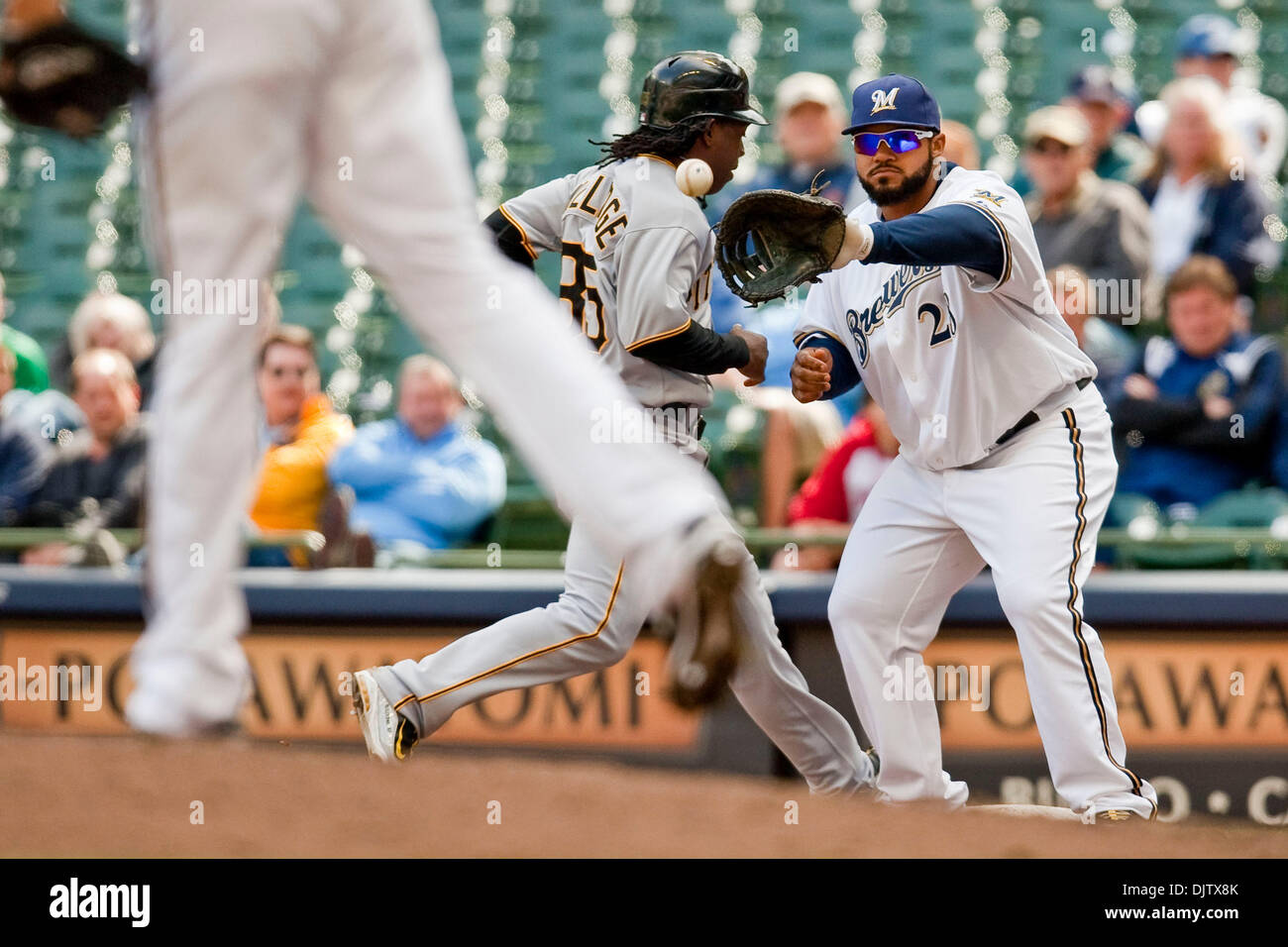 Milwaukee Brewers first baseman Prince Fielder #28 get the throw at ...