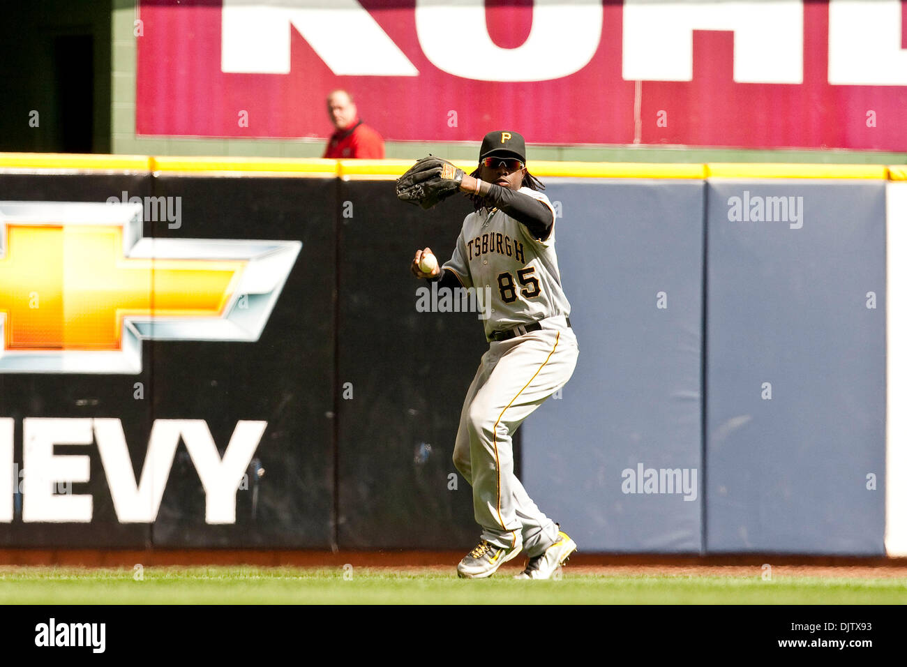 Pittsburgh Pirates left fielder Lastings Miledge #85 makes the catch ...