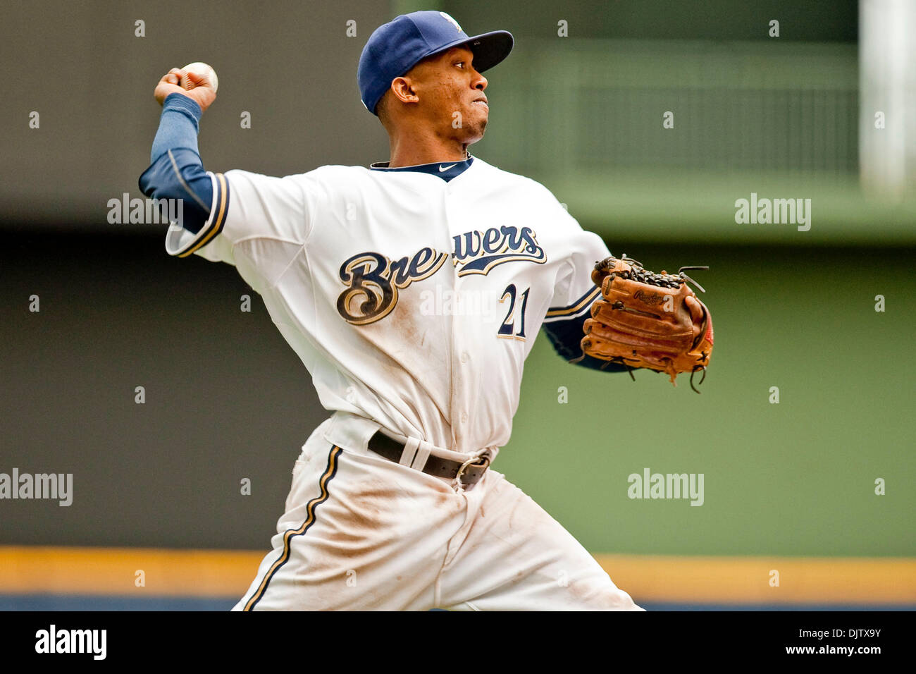 Milwaukee Brewers shortstop Alcides Escobar #21 runs down a ground ball ...