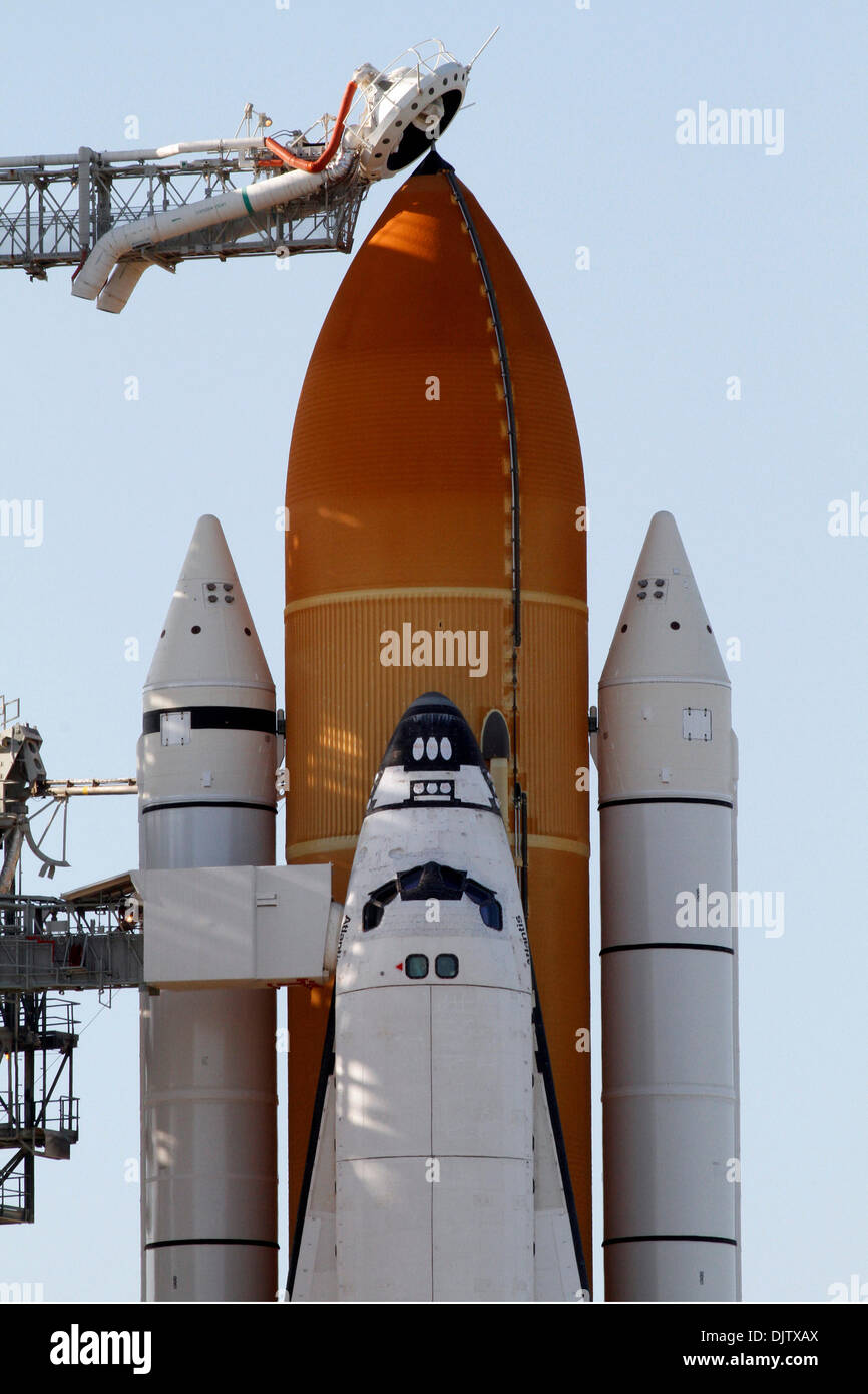 Space shuttle Atlantis, STS-132, sits poised on launch pad 39-A during final preparations before ...