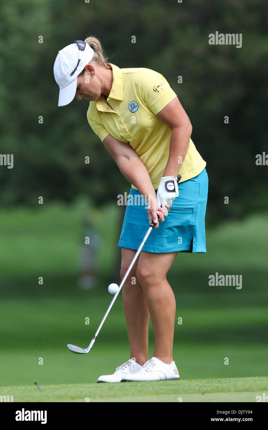 Kristy McPherson of USA chipped the ball onto the 18th green during the ...
