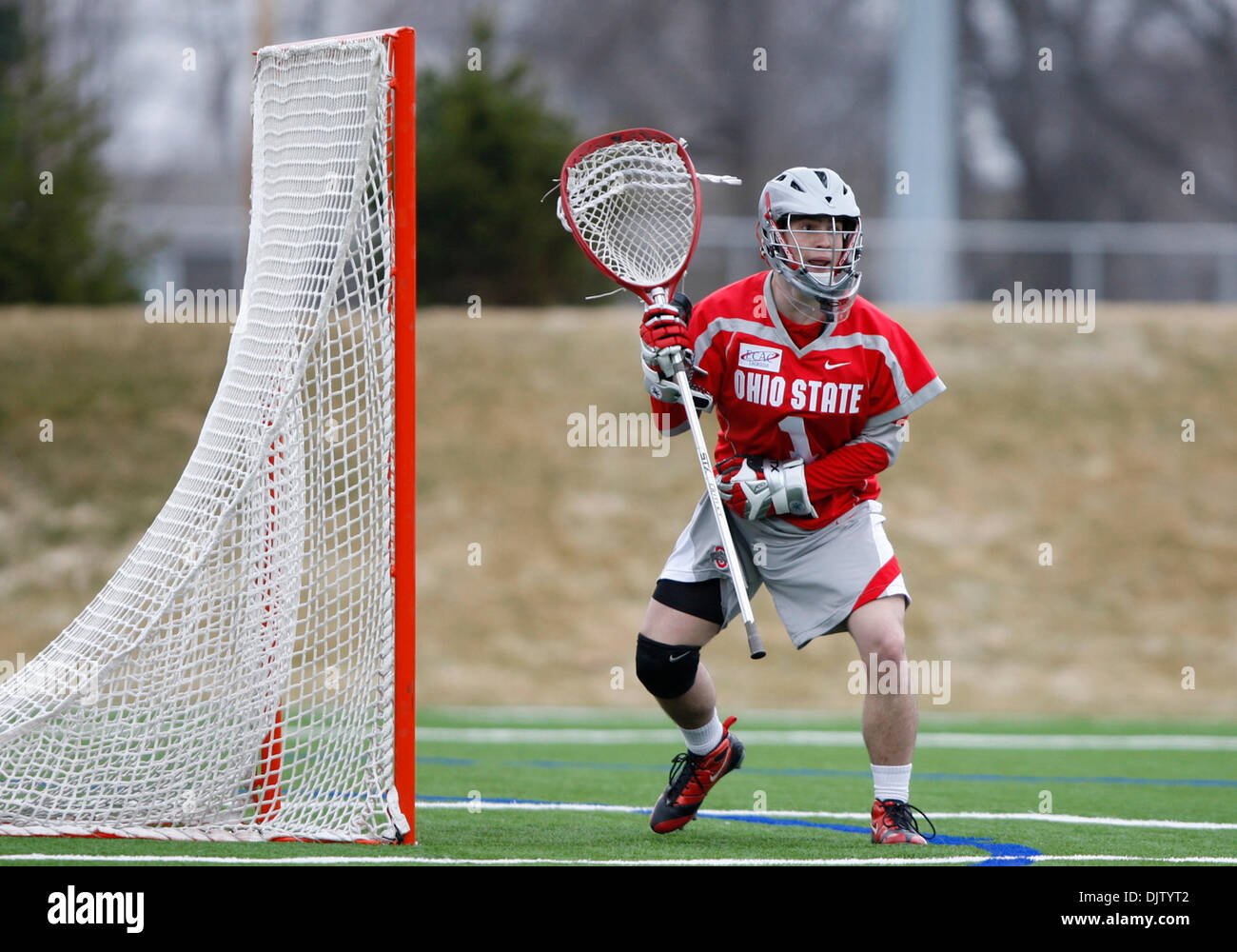 Ohio State Goalie Ryan Brant (1) in game action between the Notre Dame ...