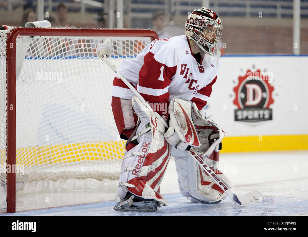 Wisconsin Goaltender Scott Gudmandson (#1) in game action between the ...