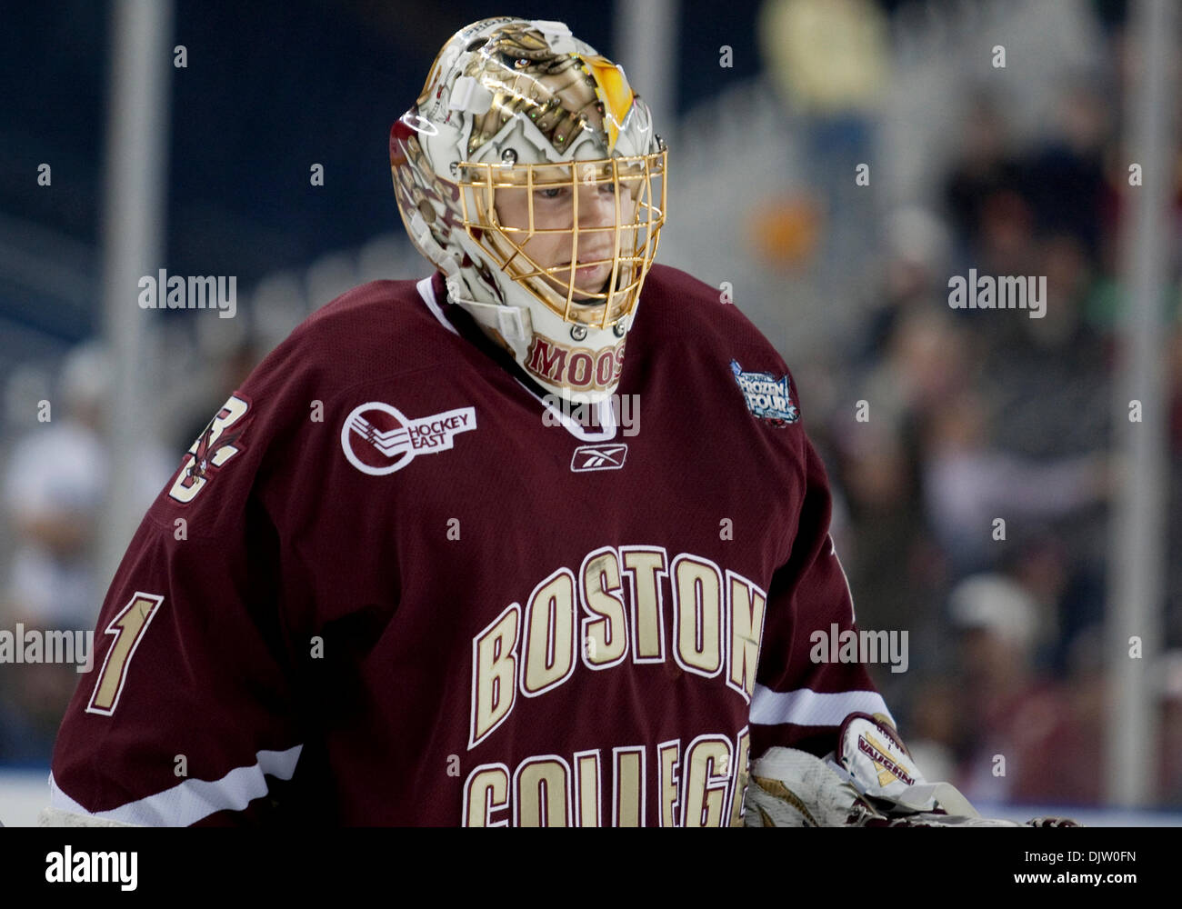 Boston College Goaltender John Muse (#1) in game action between the ...