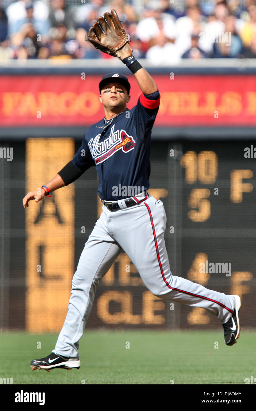 Atlanta Braves second baseman Omar Infante makes a play on a fly ball ...
