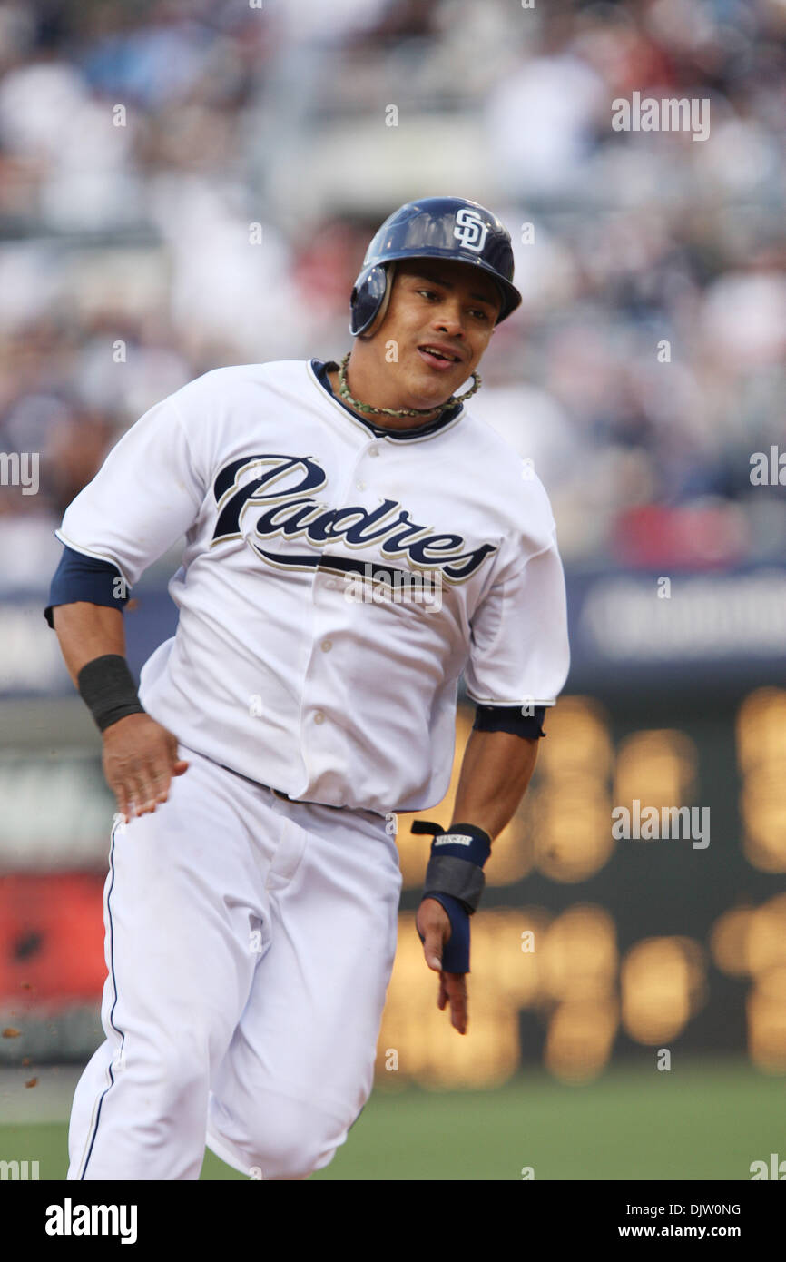 San Diego Padres Everth Cabrera heads for third on a ground rule double ...