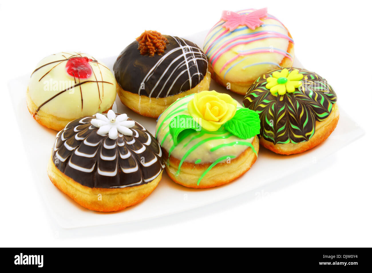 Six beautiful donuts on a white background. Festive donuts Stock Photo ...