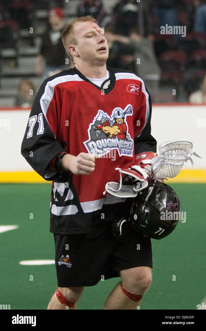 Calgary Roughnecks forward Scott Ranger (71) with blood running from a ...