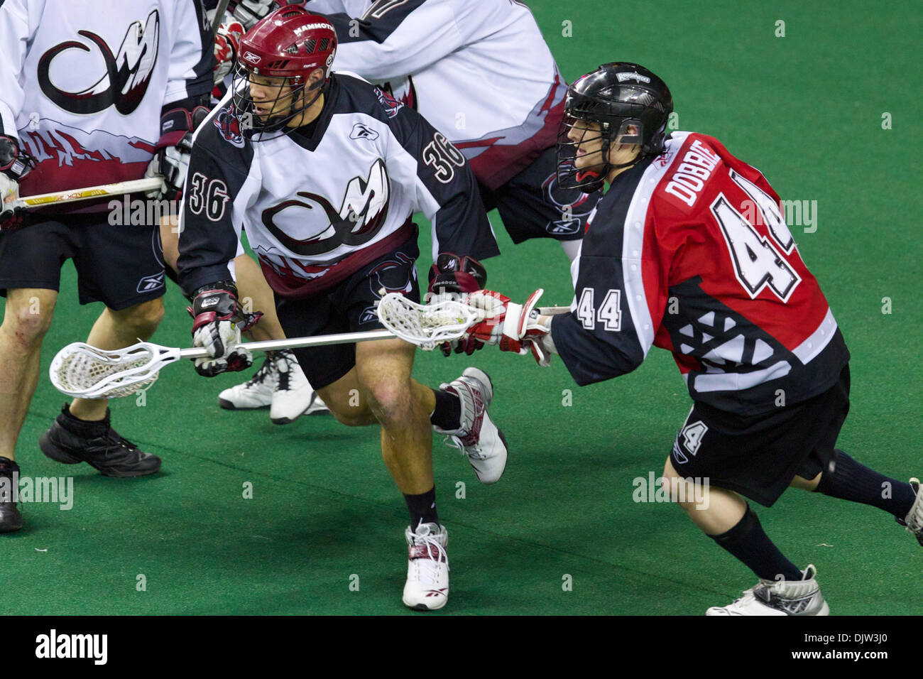 Colorado Mammoth Defenseman Chris McKay (36) and Calgary Roughnecks ...
