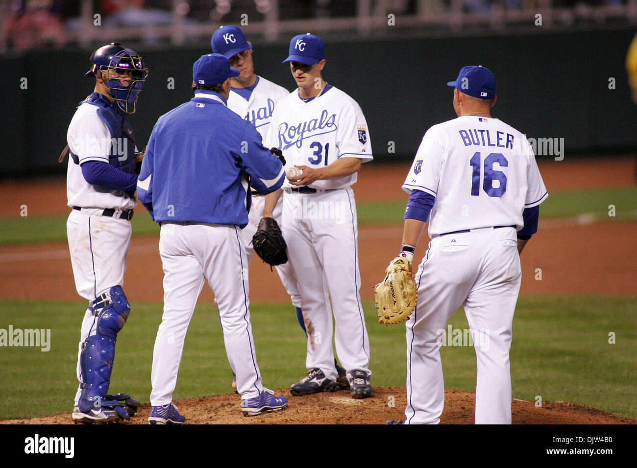 Kansas City Royals relief pitcher Dusty Hughes (31) is pulled during ...