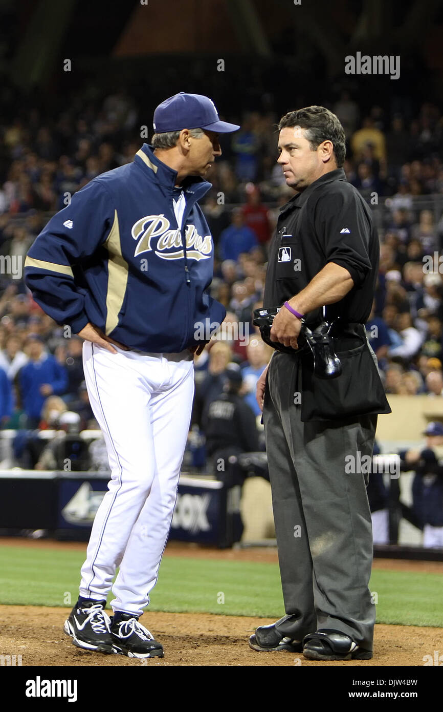 San Diego Padres manager Bud Black argues a call by Rob Drake during ...