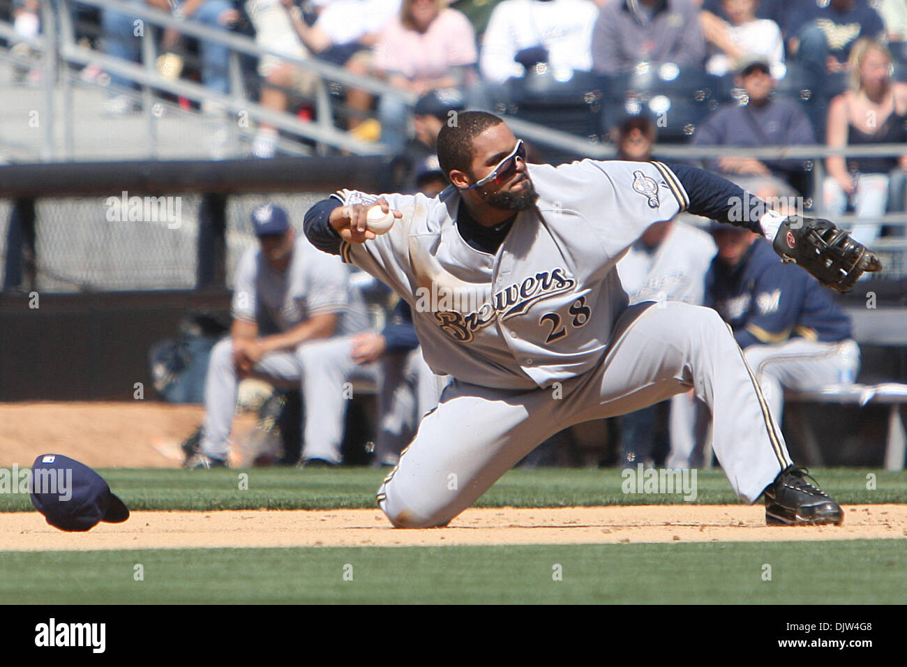 Milwaukee Brewers first baseman Prince Fielder makes a play at first ...