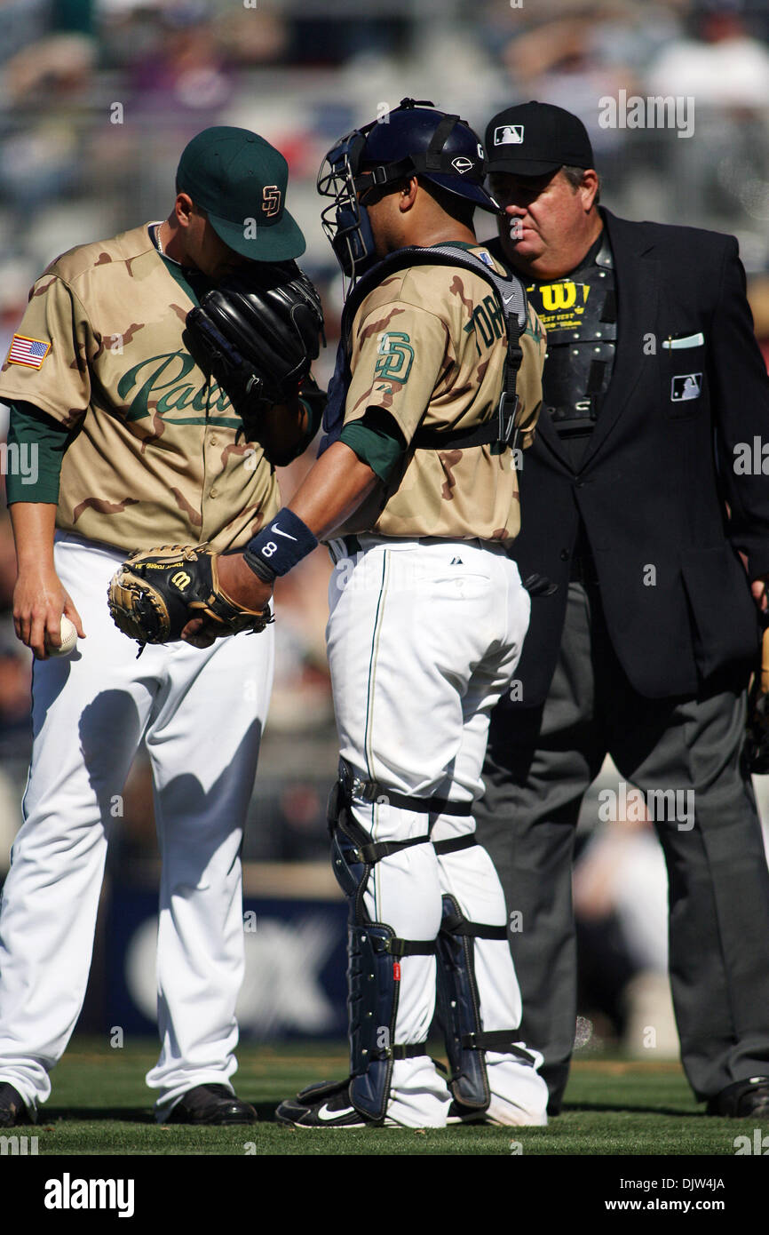 San Diego Padres Sean Gallagher talks with catcher Yorvit Torrealba on ...