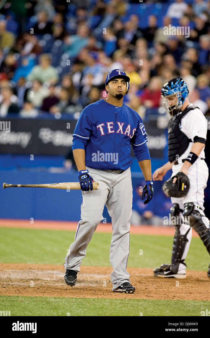 Texas Rangers Max Ramirez #51 is caught out on a sacrifice pop fly. The ...