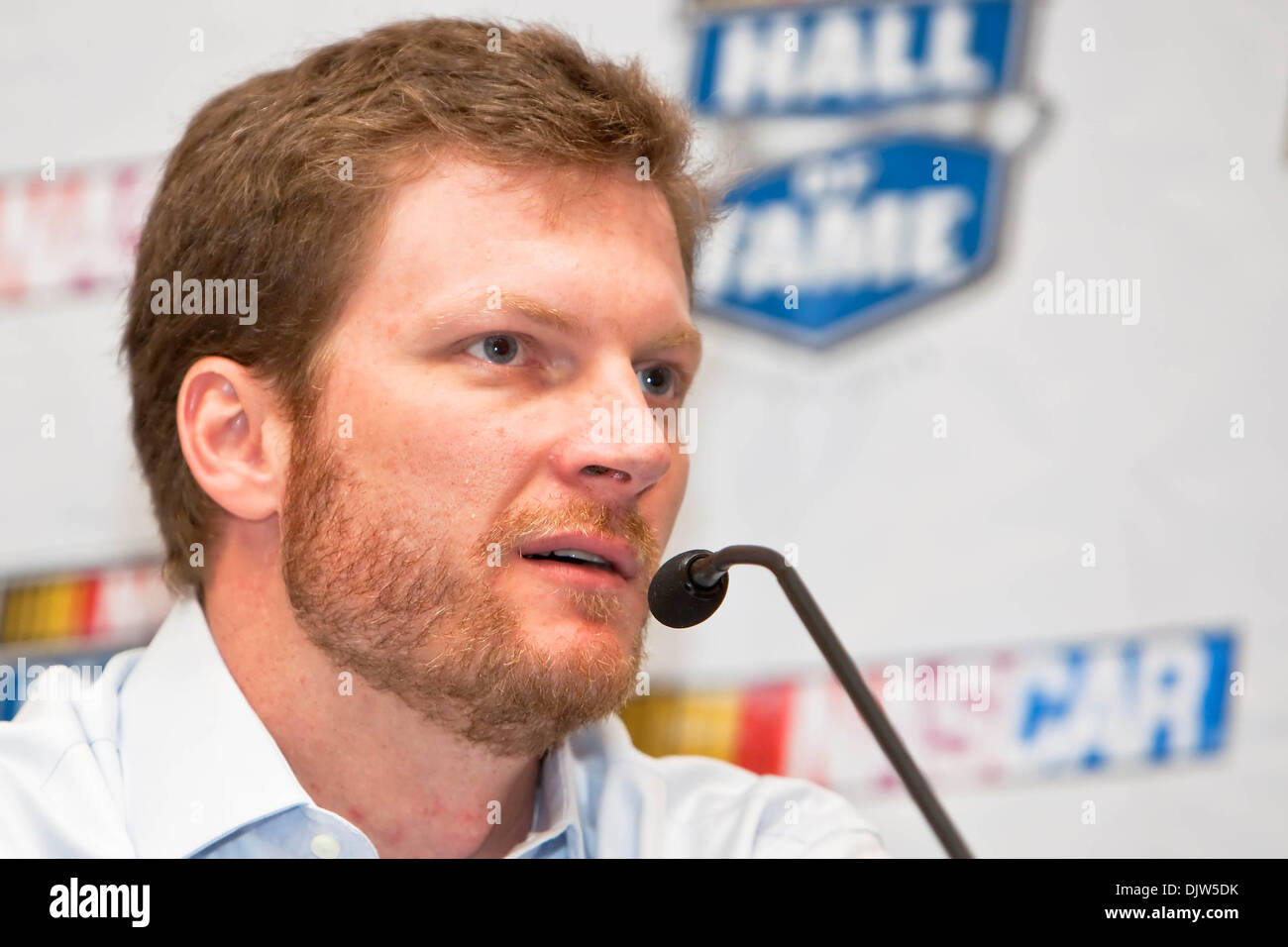 Dale Earnhardt Jr. speaks in the media room during the Inaugural NASCAR ...