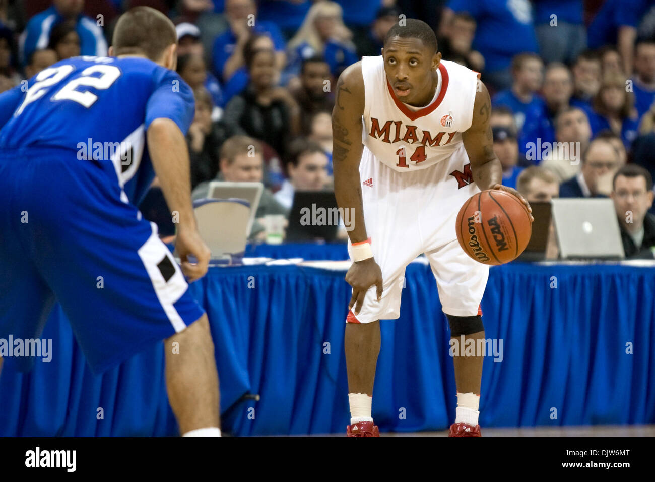 11 March 2010: Miami (OH) RedHawks Kenny Hayes (14) is defended by ...