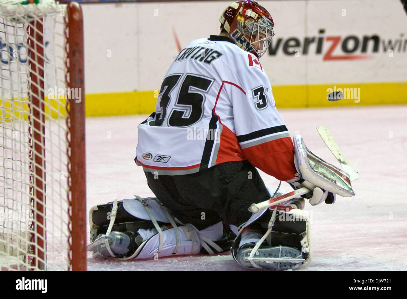 20 March 2010: Abbotsford Heat goalie Leland Irving (35) makes a save ...
