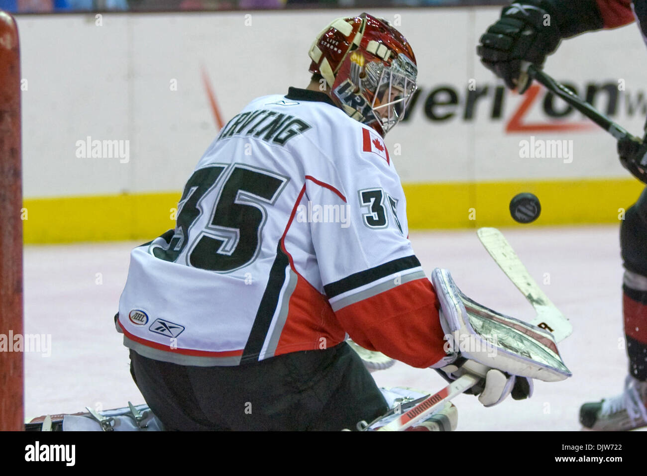 20 March 2010: Abbotsford Heat goalie Leland Irving (35) makes a save ...
