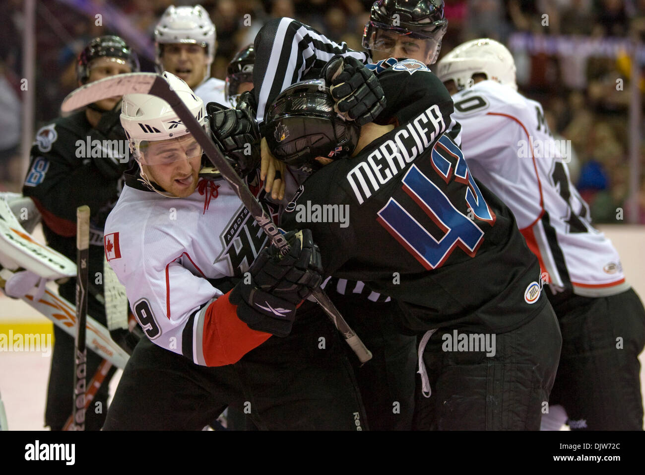 20 March 2010: Abbotsford Heat Shawn Weller (29) and Justin Mercier (43 ...