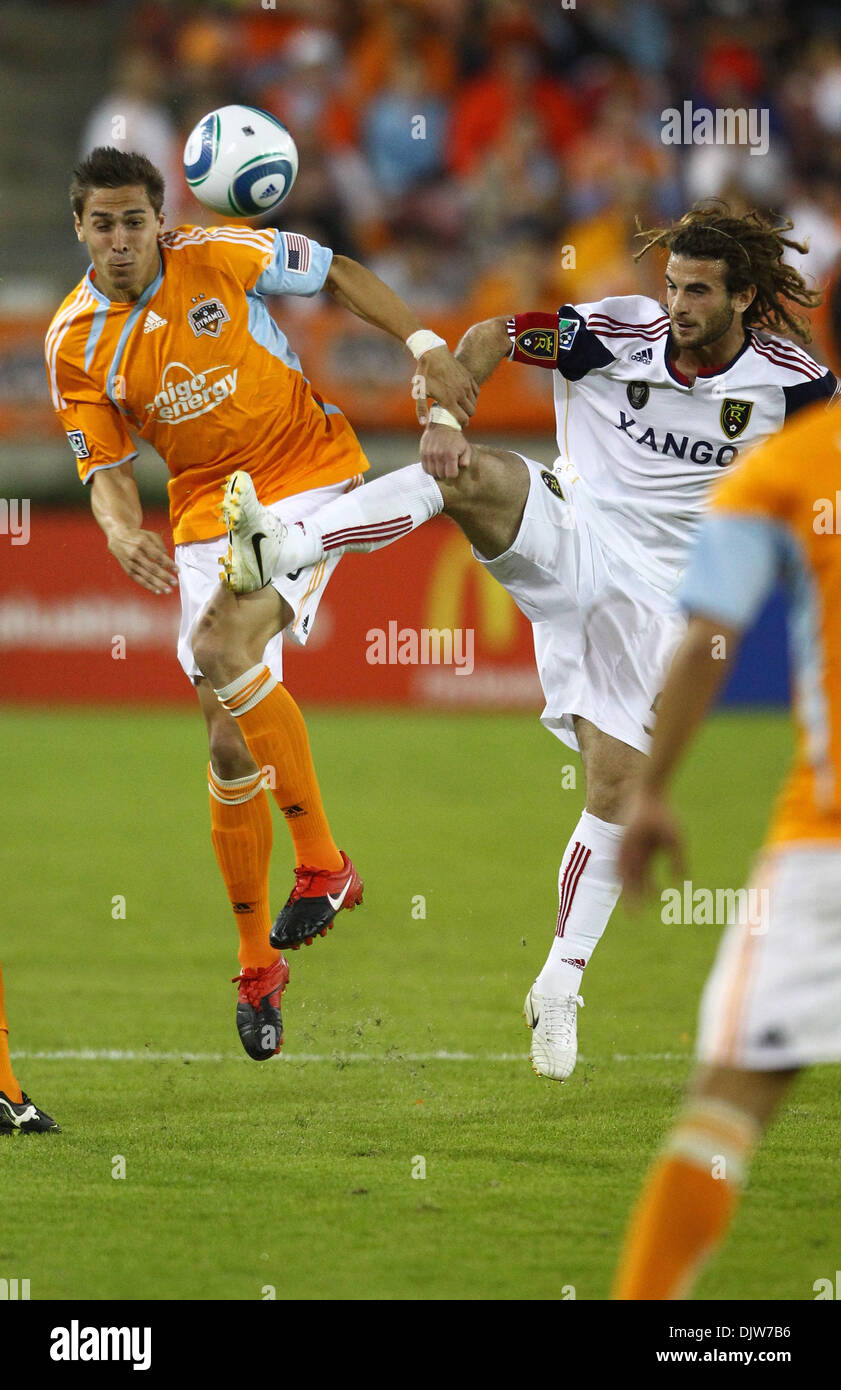 Geoff Cameron (#20) for the Houston Dynamo is kicked in the face by ...