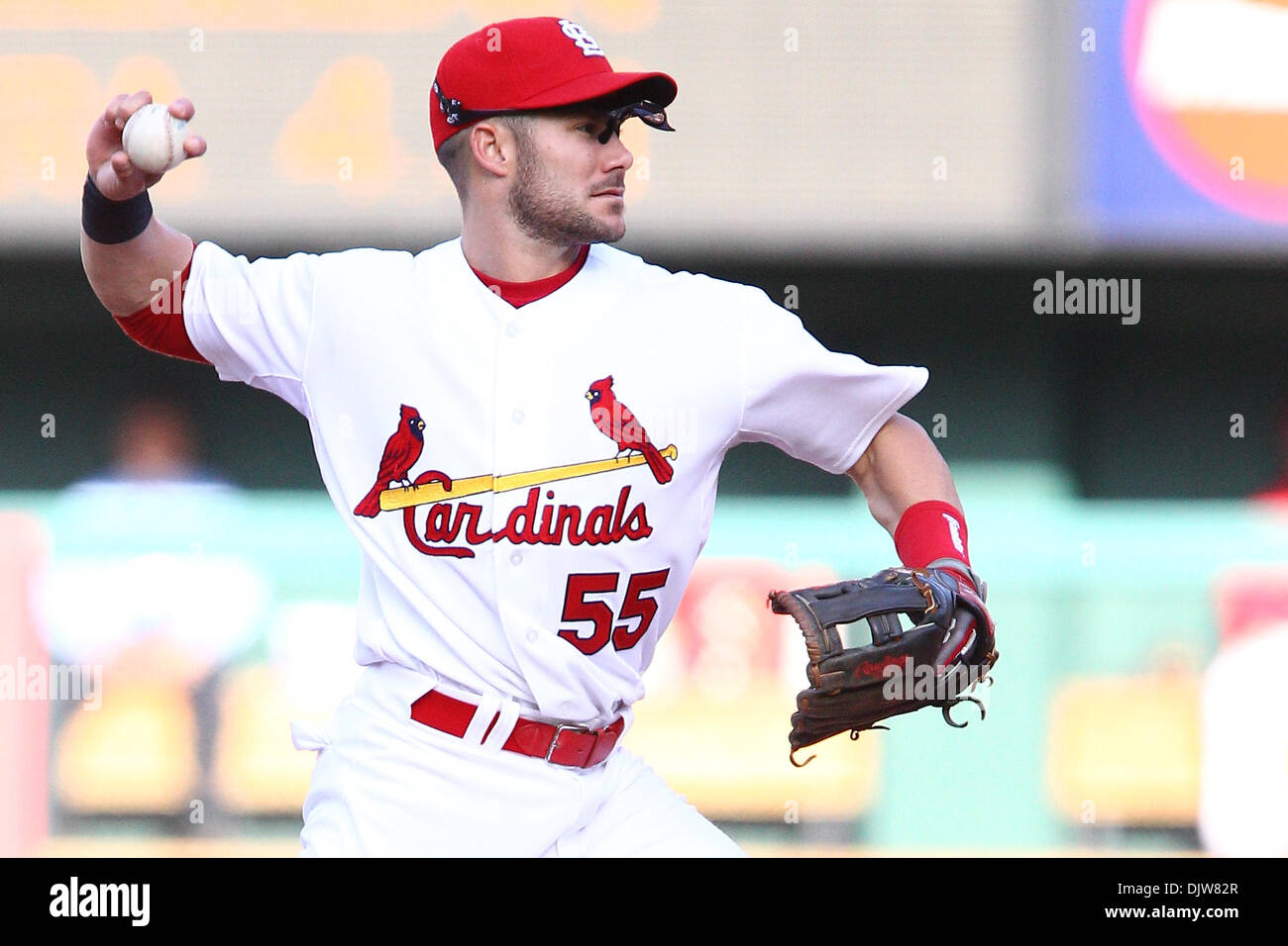 St. Louis Cardinals second baseman Skip Schumaker (55) fires a throw to ...