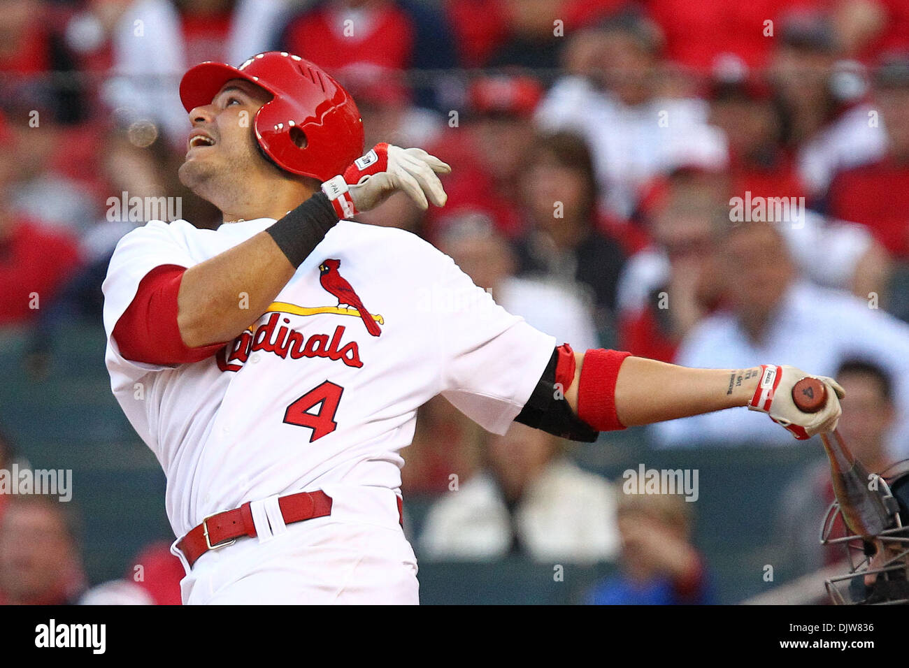 St. Louis Cardinals catcher Yadier Molina (4) watches as his hit is ...