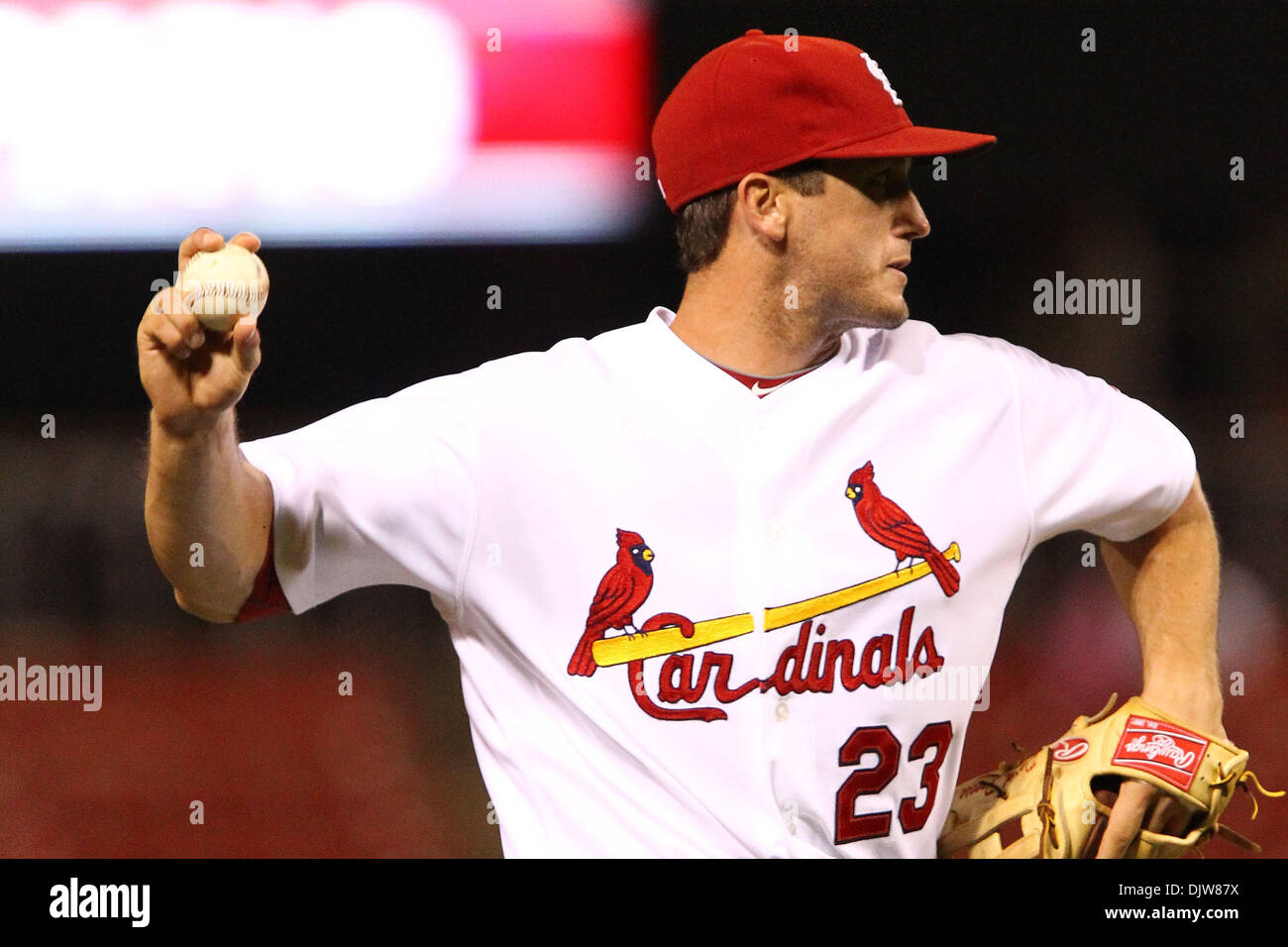 St. Louis Cardinals third baseman David Freese (23) throws toward first ...