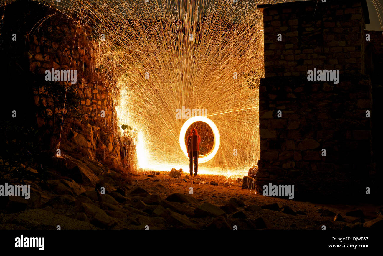 Burning steel wool fireworks Stock Photo - Alamy