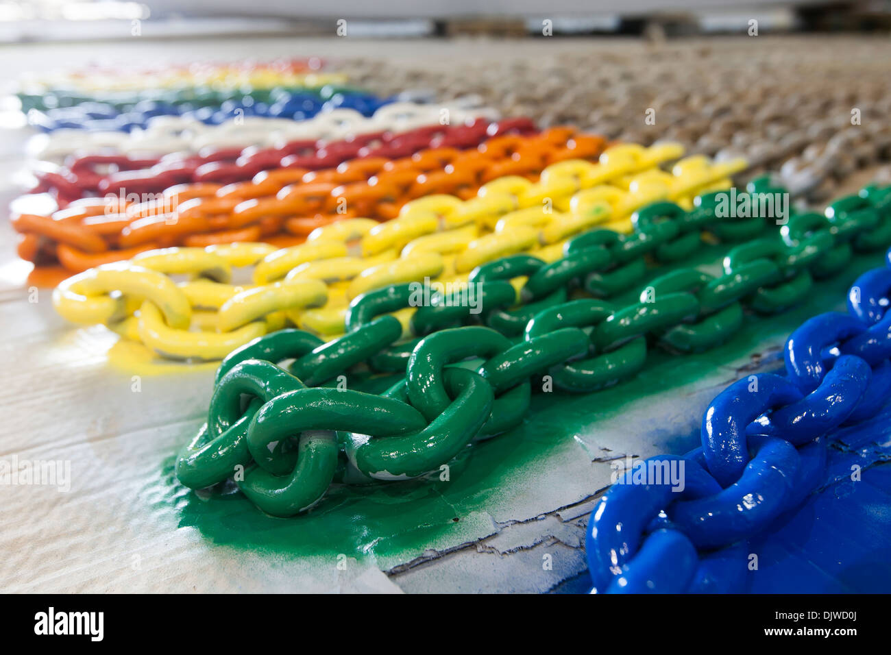 Anchor chain for yacht is marked at set distances using bright rainbow ...
