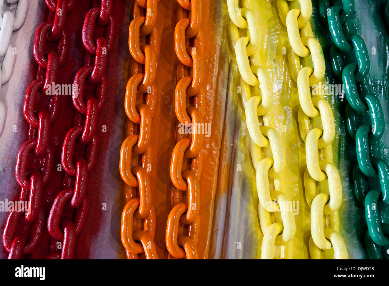 Anchor chain for yacht is marked at set distances using bright rainbow ...