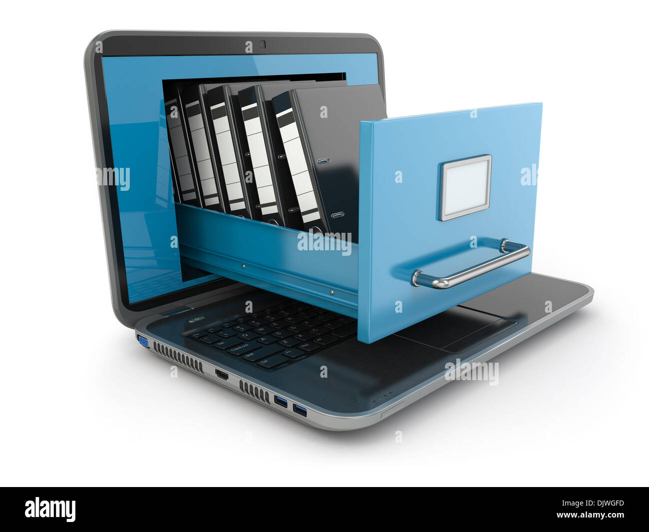 Data storage. Laptop and file cabinet with ring binders. 3d Stock Photo ...