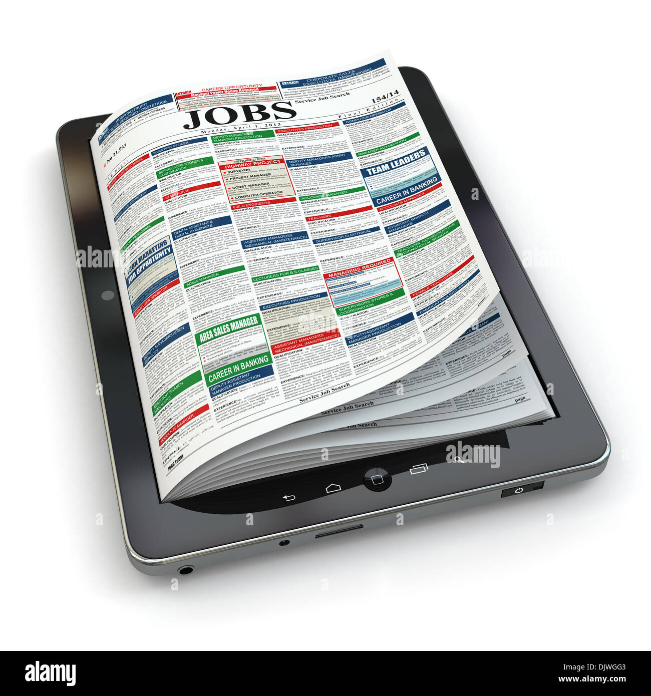Search jobs on newspaper in tablet. Conceptual image. 3d Stock Photo ...