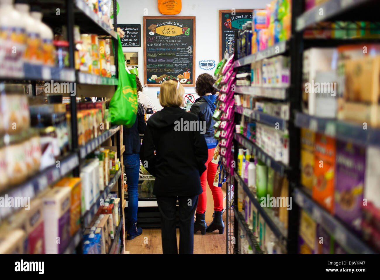 Organic goods and groceries on shelves in a natural produce grocery ...