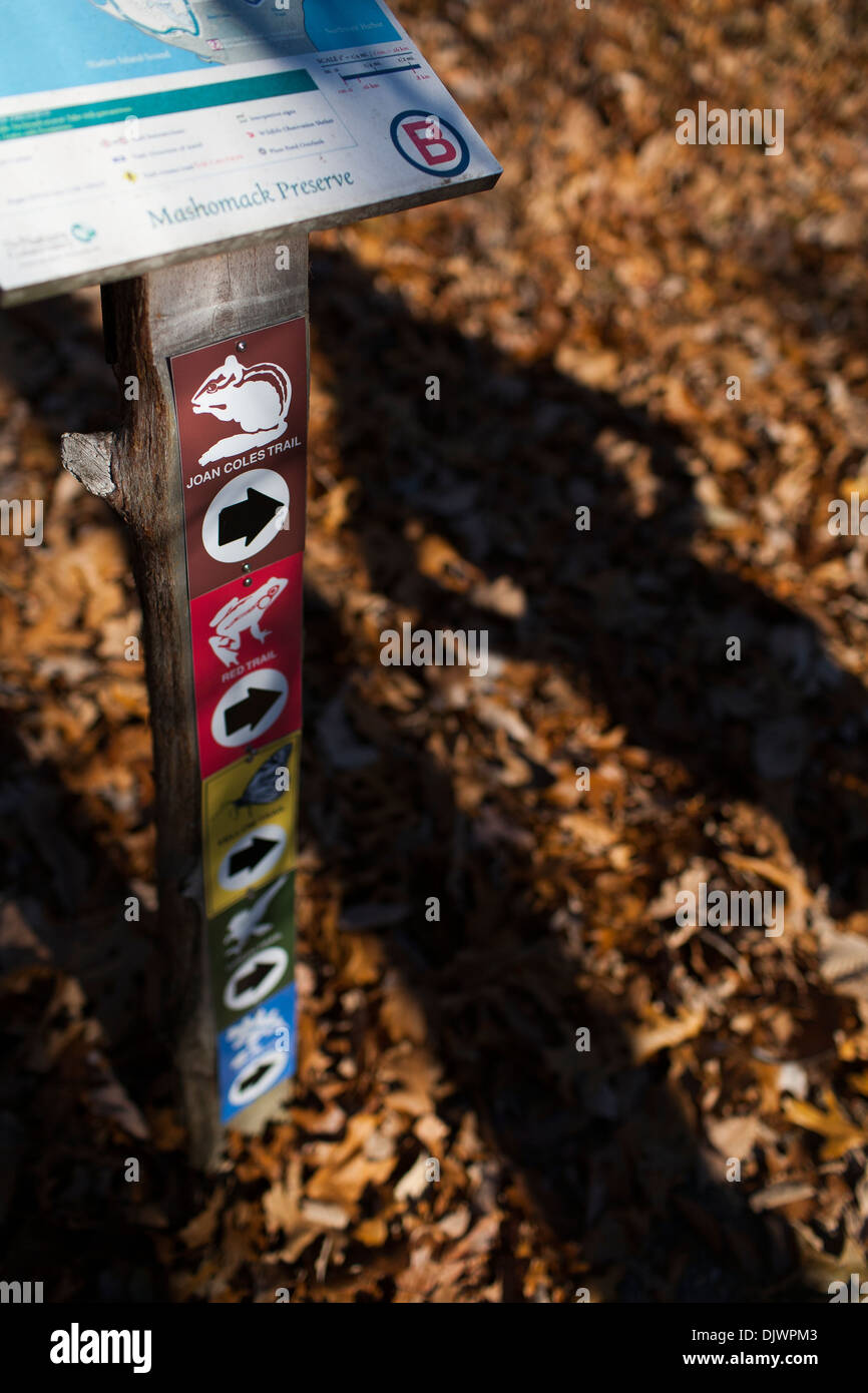 Signs to the hiking trail in Mashomack Reserve during the Fall on ...