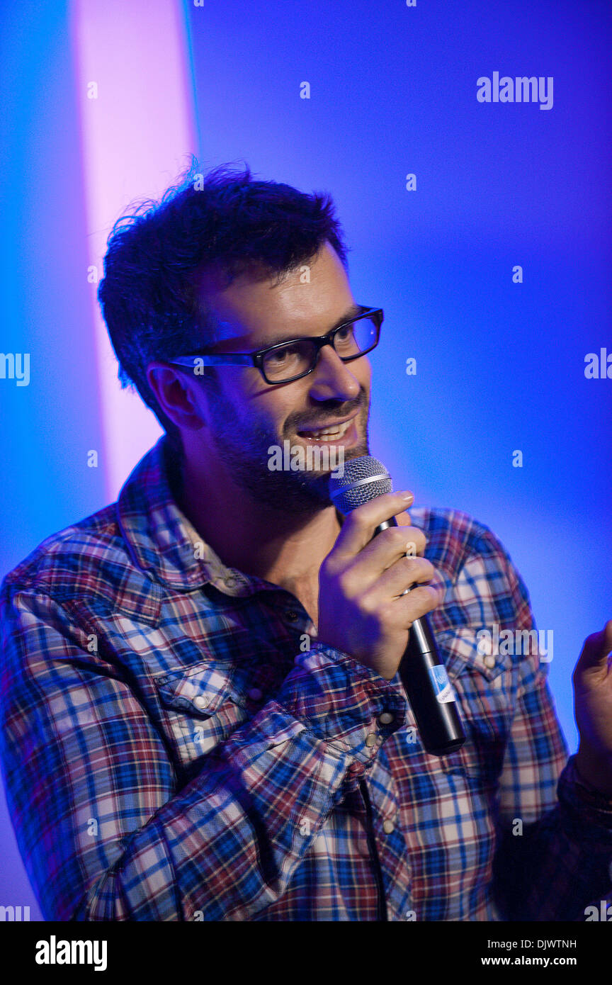 Hay-on-Wye, UK. 30th November 2013. Comedian Marcus Brigstock gives a ...
