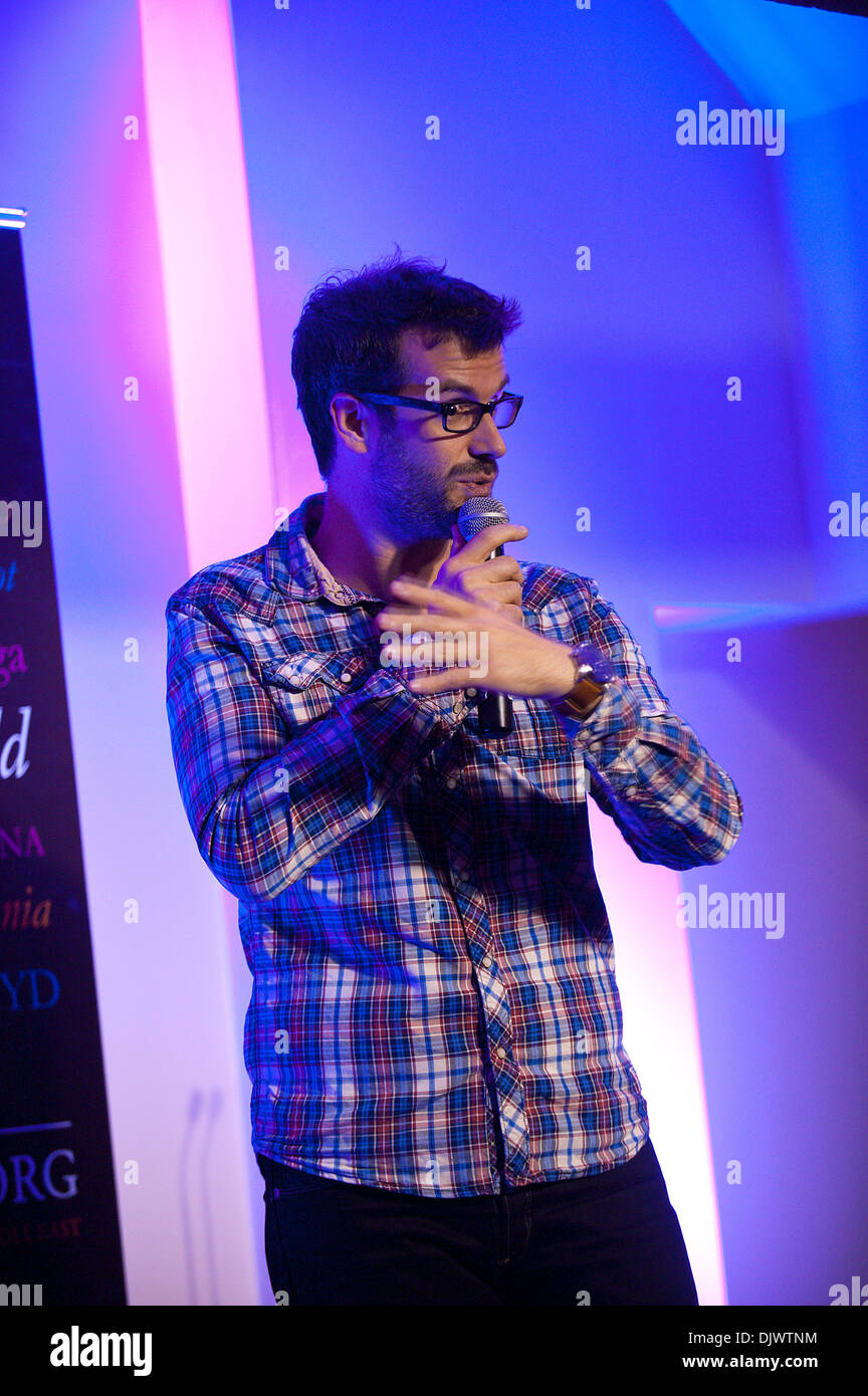 Hay-on-Wye, UK. 30th November 2013. Comedian Marcus Brigstock gives a ...
