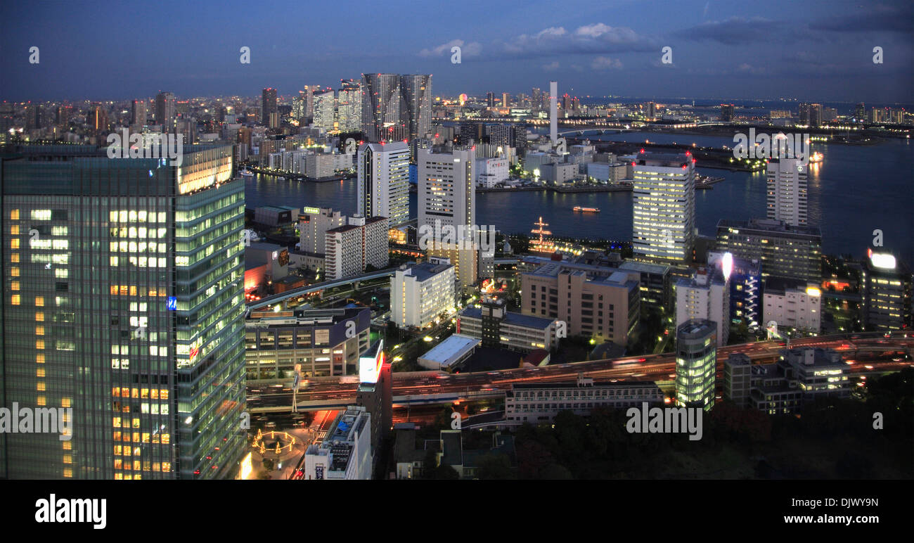 Japan, Tokyo, harbour area skyline at night, general aerial view Stock ...