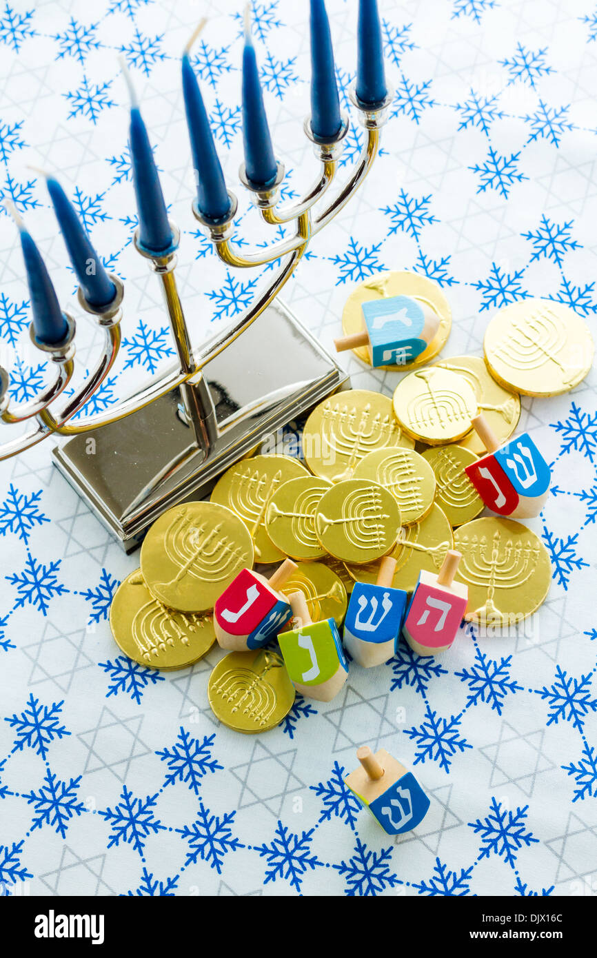 A still life composed of elements of the Jewish Chanukah/Hanukkah ...