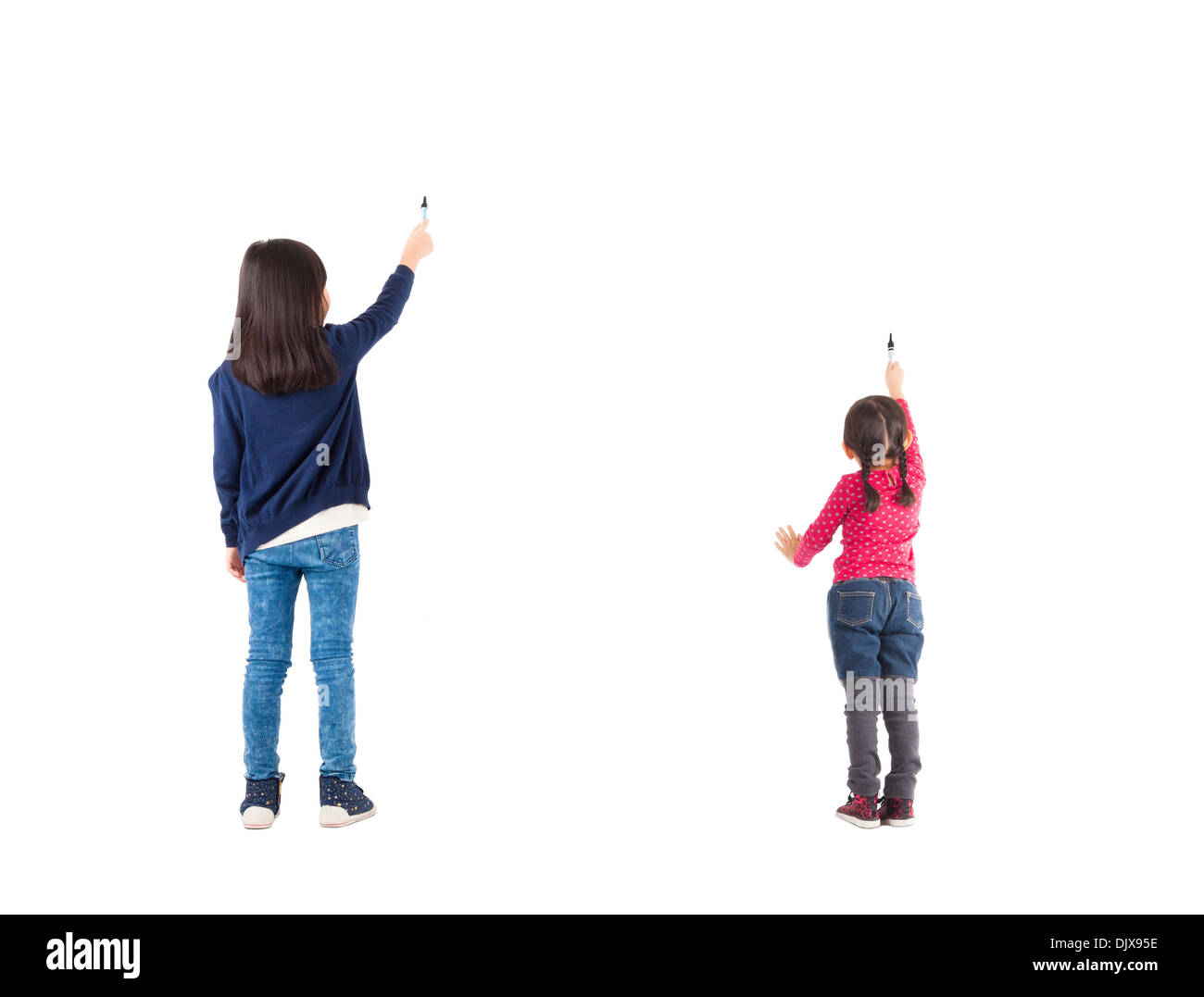 rear view two kids drawing isolated on white Stock Photo - Alamy