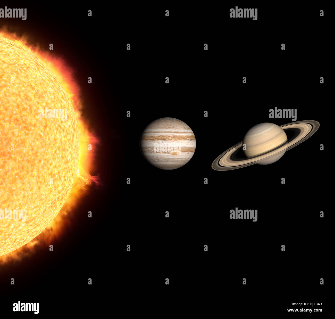 A rendered comparison of the Planets Jupiter and Saturn on a clean ...