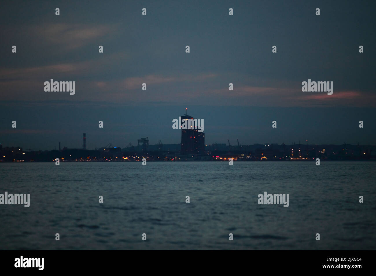 Poland, Gdynia city marine town skyline at sunset, night cityscape ...